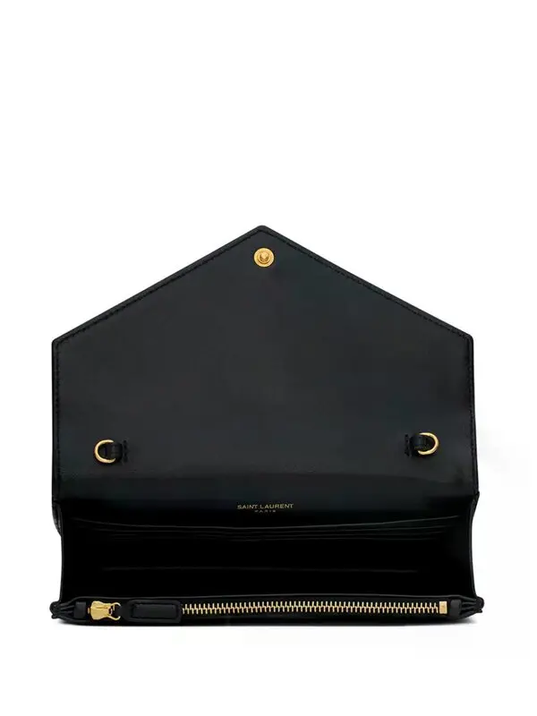 Saint Laurent Lambskin Chevron Quilted Envelope Chain Wallet - Black