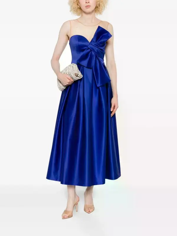 NISSA Bow-detail Mesh-insert Midi Dress - Blue