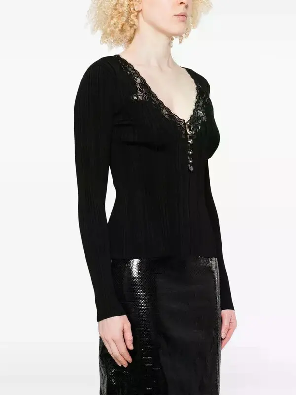 SELF-PORTRAIT Lace-trimmed Ribbed Top