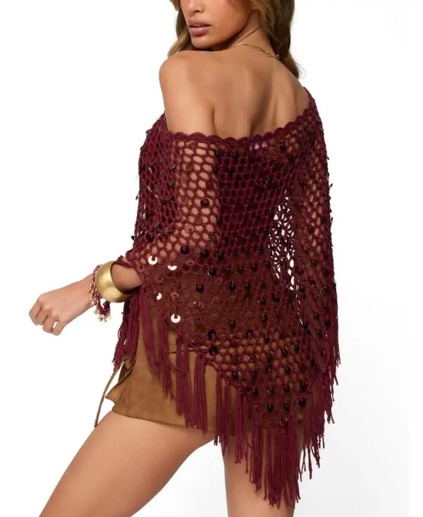 EDIKTED Fringe Sequin Crochet Poncho - Burgundy