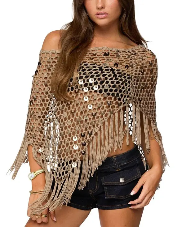 EDIKTED Fringe Sequin Crochet Poncho - Tan