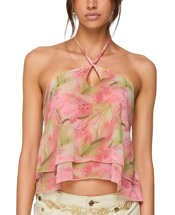 EDIKTED Dragon Lily Layered Chiffon Halter Top - Pink