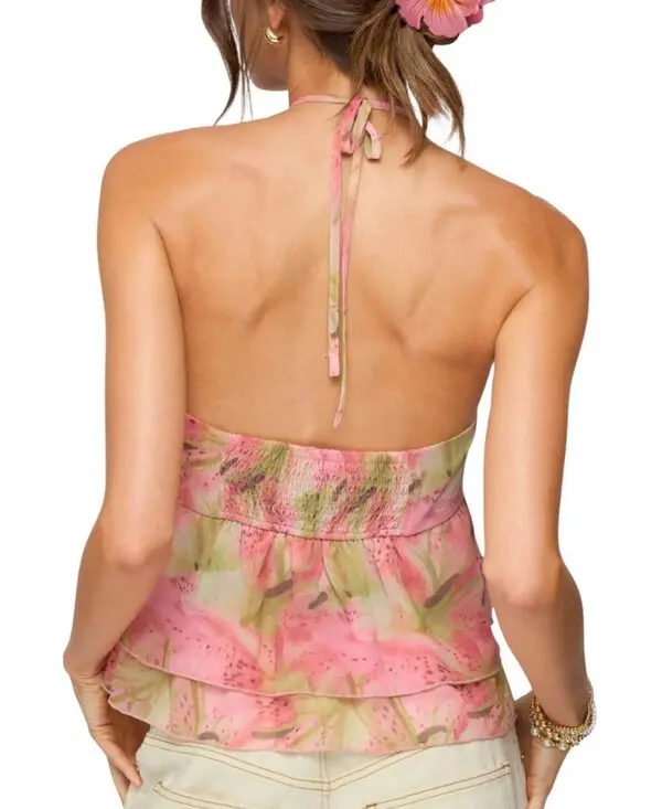 EDIKTED Dragon Lily Layered Chiffon Halter Top - Pink