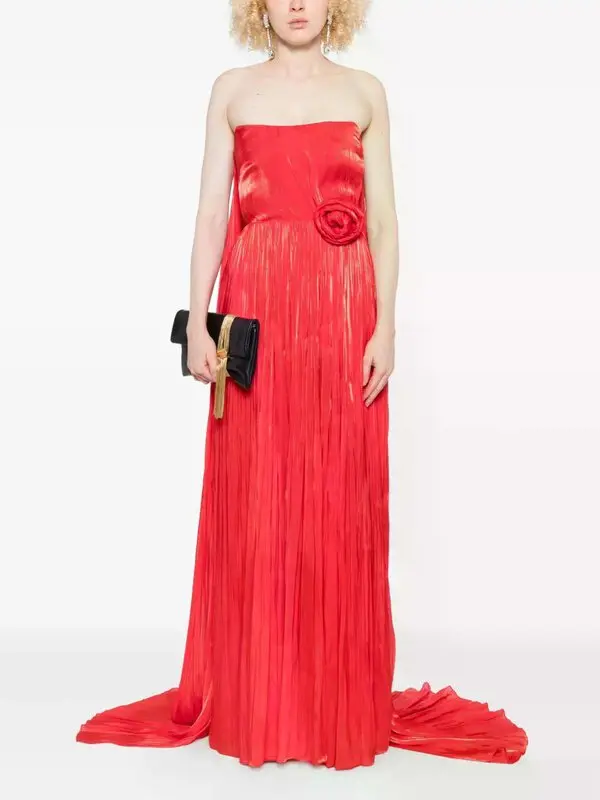 NISSA Pleated Rose-embellished Asymmetric Evening Dress - Red