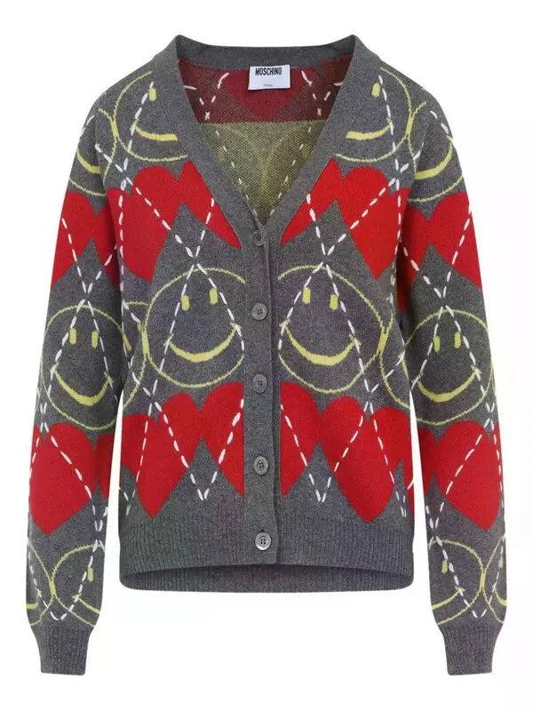 Moschino Smiley Heart Argyle Cardigan - Grey