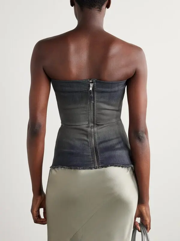 Rick Owens Frayed Denim Strapless Top