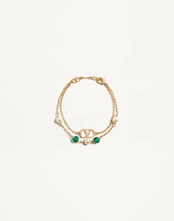 Valentino Garavani Vlogo Signature Metal, Pearl, And Knurled Glass Bracelet - Gold