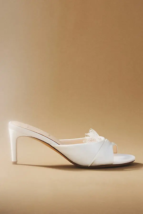 BLACK SUEDE STUDIO Lacey Ruched Satin Mule Heels - White Satin Lace