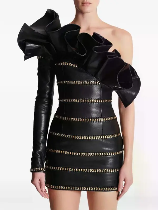 Balmain Asymmetric Leather Mini Dress