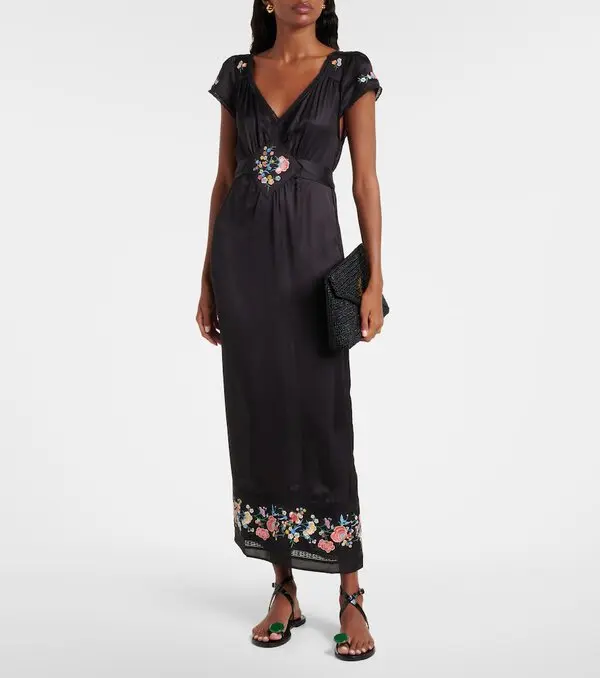 Rixo Carey Floral Satin Maxi Dress - Black