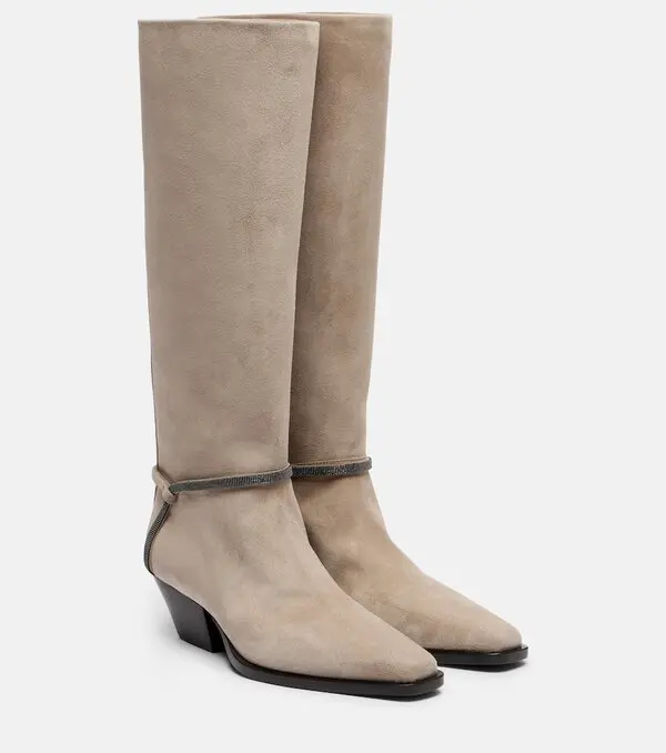 Brunello Cucinelli Monili Suede Knee-high Boots - Grey