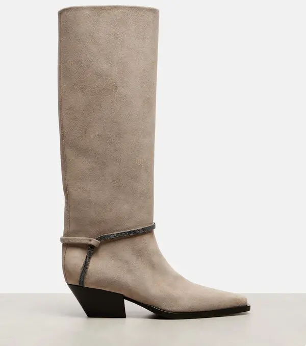 Brunello Cucinelli Monili Suede Knee-high Boots - Grey
