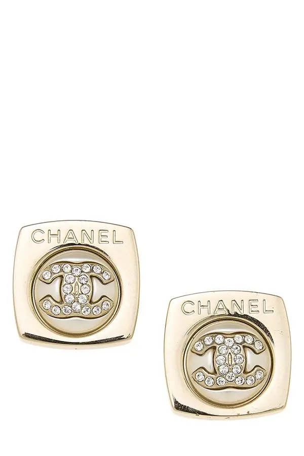 Chanel Crystal And Faux Pearl 'cc' Earrings - Gold