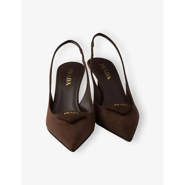 Prada Triangle-logo Suede Slingback Pumps - Brown