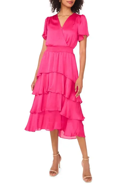 Vince Camuto Flutter Sleeve Tiered Midi Dress - Beetroot Pink