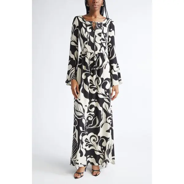 St. John Harlow Leaf Print Silk Maxi Dress