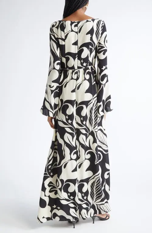 St. John Harlow Leaf Print Silk Maxi Dress