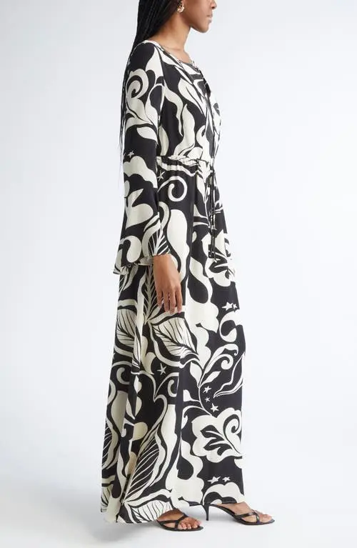 St. John Harlow Leaf Print Silk Maxi Dress
