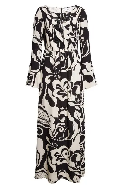 St. John Harlow Leaf Print Silk Maxi Dress
