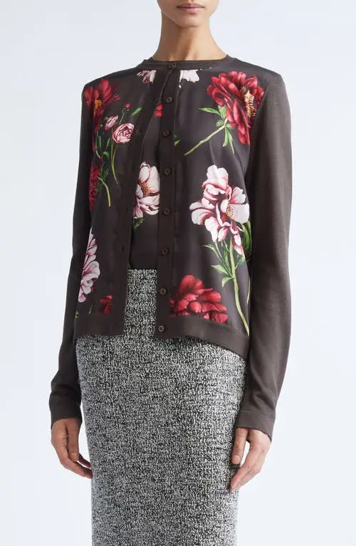 Oscar De La Renta Peony Print Silk-blend Cardigan - Brown Multi