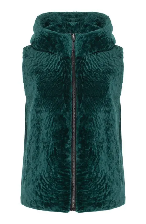Gorski Reversible Genuine Shearling Hooded Vest - Emerald/black