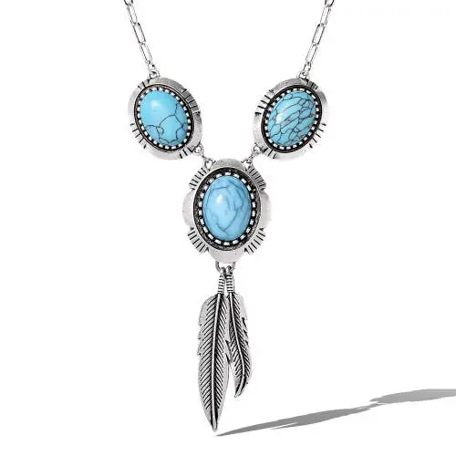 Jessica Simpson Feather And Turquoise Stone Pendant Necklace - Antique Silver/turquoise