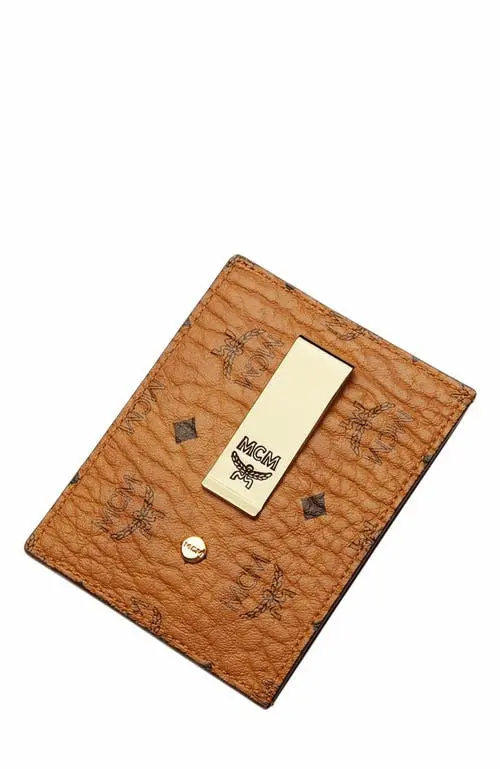 Mcm Money Clip Card Case In Visetos Original - Cognac
