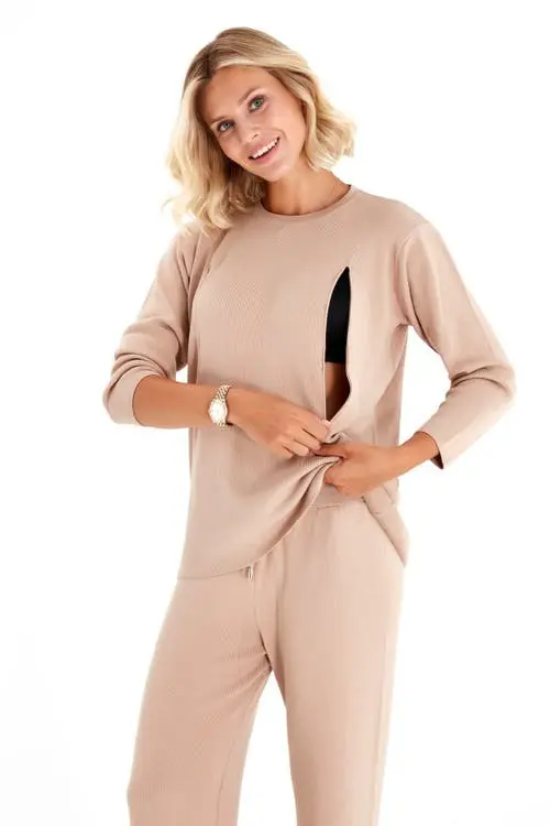 ACCOUCHEE Rib Side Zip Long Sleeve Top & Lounge Pants Set - Beige