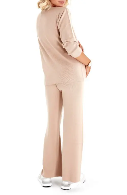 ACCOUCHEE Rib Side Zip Long Sleeve Top & Lounge Pants Set - Beige