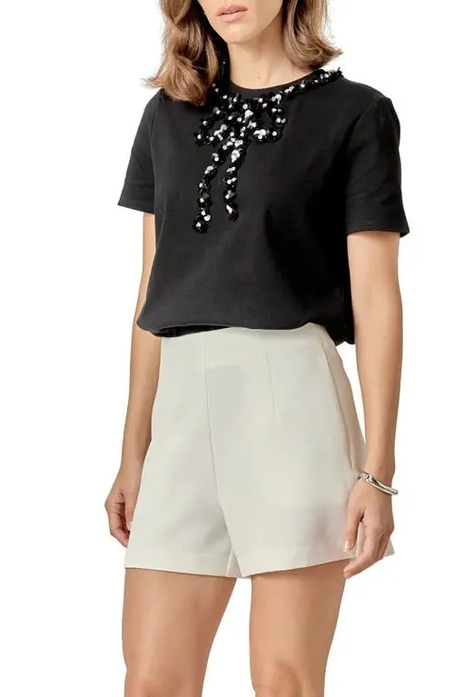 English Factory Beaded Bow Detail Top - Black