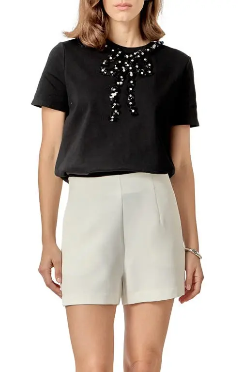 English Factory Beaded Bow Detail Top - Black