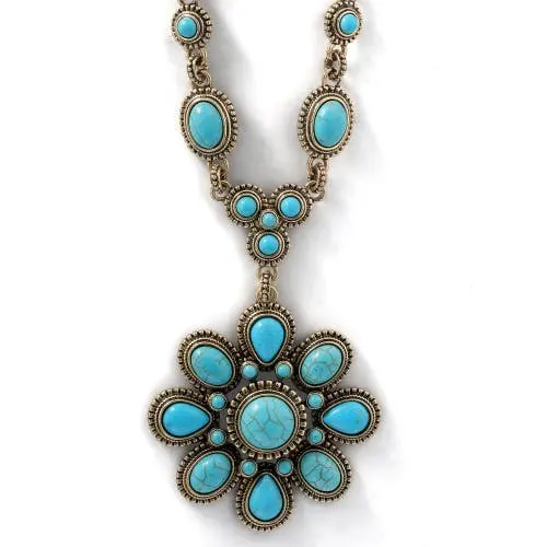 Jessica Simpson Turquoise Stone Flower Pendant Necklace - Gold, Turquoise