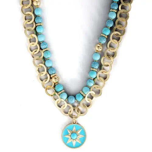 Jessica Simpson Layered Necklace With Turquoise Beads - Gold, Turquoise