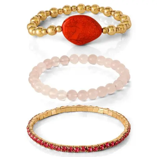 Jessica Simpson 3-piece Beaded Stretch Bracelet Set - Gold, Red