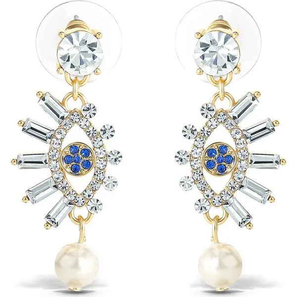 Jessica Simpson Evil Eye Dangle Earrings With Pearl & Rhinestones - Gold, Silver, Blue