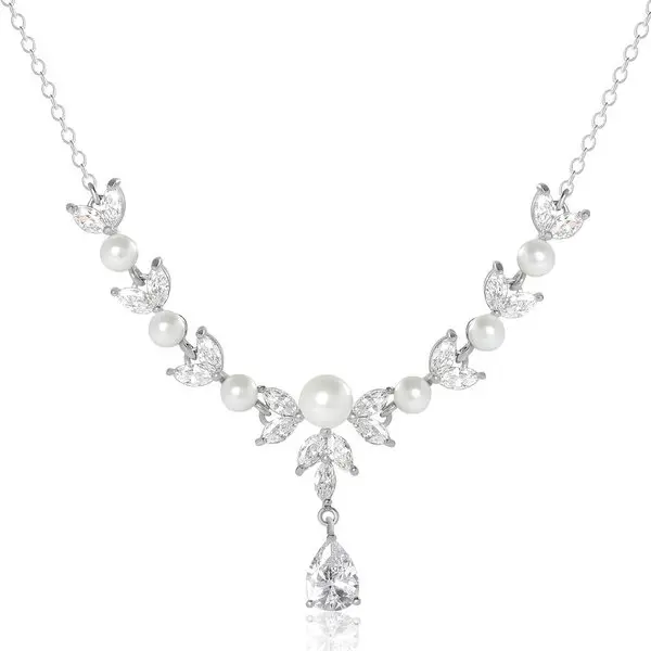 Jessica Simpson Pearl And Crystal Drop Necklace - Silver