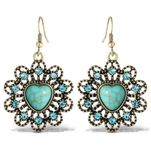 Jessica Simpson Ornate Heart Earrings - Gold, Turquoise