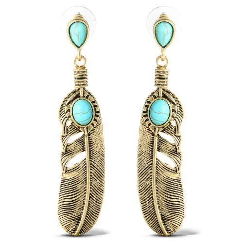 Jessica Simpson Stone Feather Drop Earrings - Gold, Turquoise