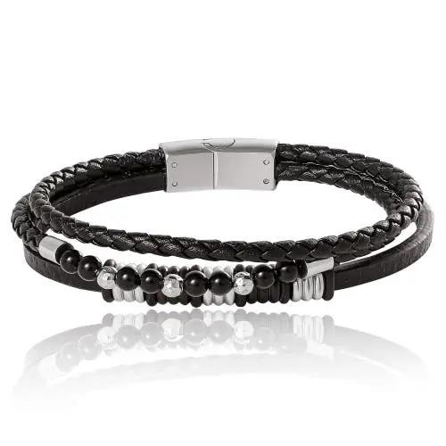 Lucky Brand Stainless Steel Triple Row Cord Bracelet - Black, Silver