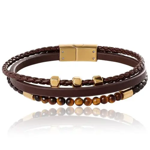 Lucky Brand Stainless Steel Triple Row Cord Bracelet - Brown, Gold