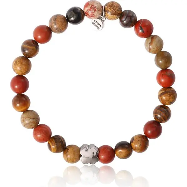 Lucky Brand Jasper Stone Beaded Stretch Bracelet - Red/ Brown/ Silver