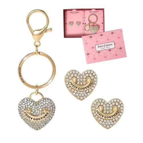 Juicy Couture Pave Heart Keychain And Earrings Set - Gold, Silver