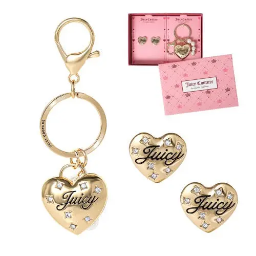 Juicy Couture Heart Keychain And Earring Set - Gold, Silver