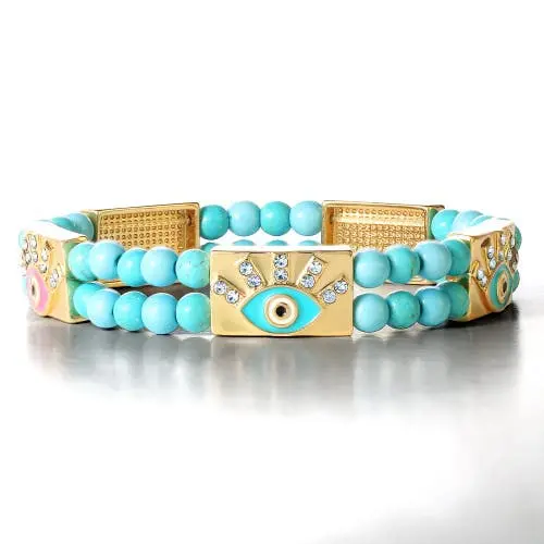 Jessica Simpson Evil Eye Beaded Stretch Bracelet - Gold, Turquoise