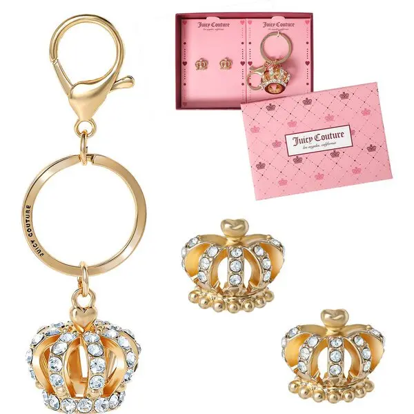 Juicy Couture Crystal Crown Keychain And Earrings Set - Gold, Silver