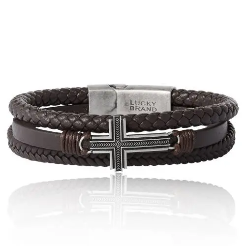 Lucky Brand Braided Leather Bracelet With Cross - Brown, Silver