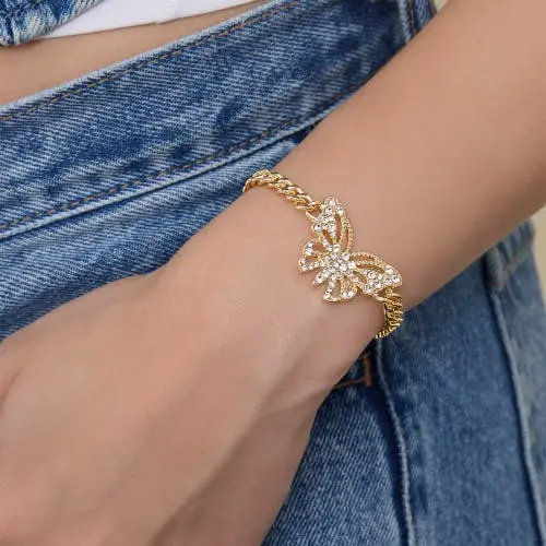Jessica Simpson Butterfly Crystal Chain Bracelet - Gold