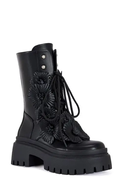 AZALEA WANG Floral Appliqué Lug Sole Boots - Black