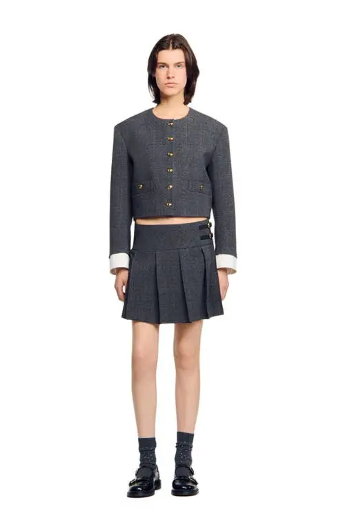 Sandro Short Pleated Check Skirt