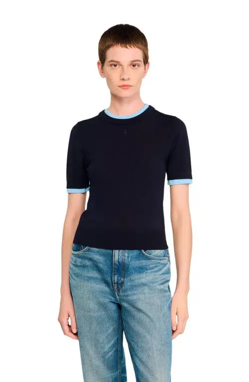 Sandro Two-tone Cropped Sweater - Navy Blue